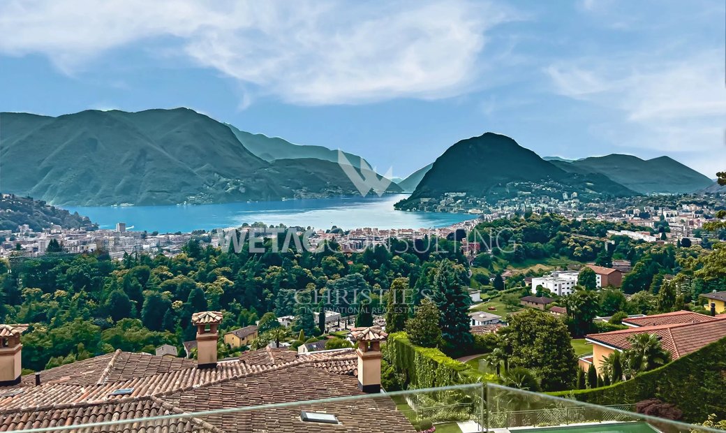 Magnificent Panoramic View Of Lake Lugano In Porza, Ticino, Switzerland ...